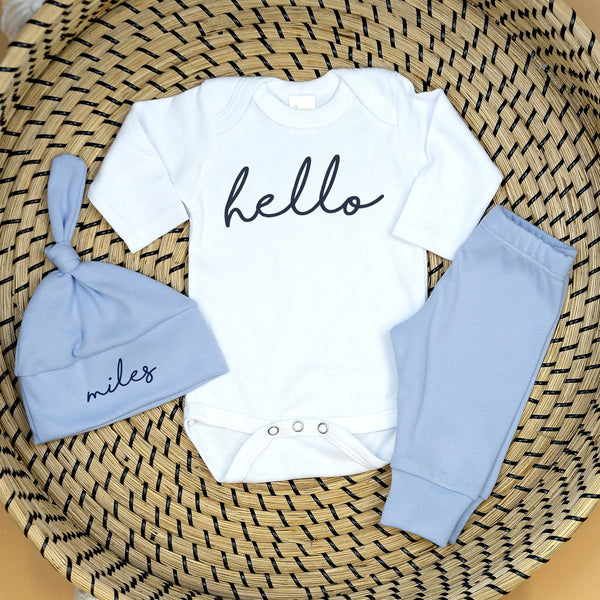 "Hello" Personalized Baby Name Hat Outfit - Cuddle Sleep Dream